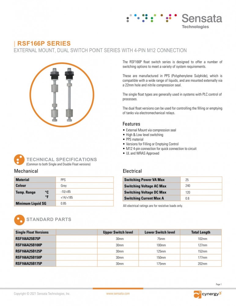 Sensata RSF166P series technical document page 1