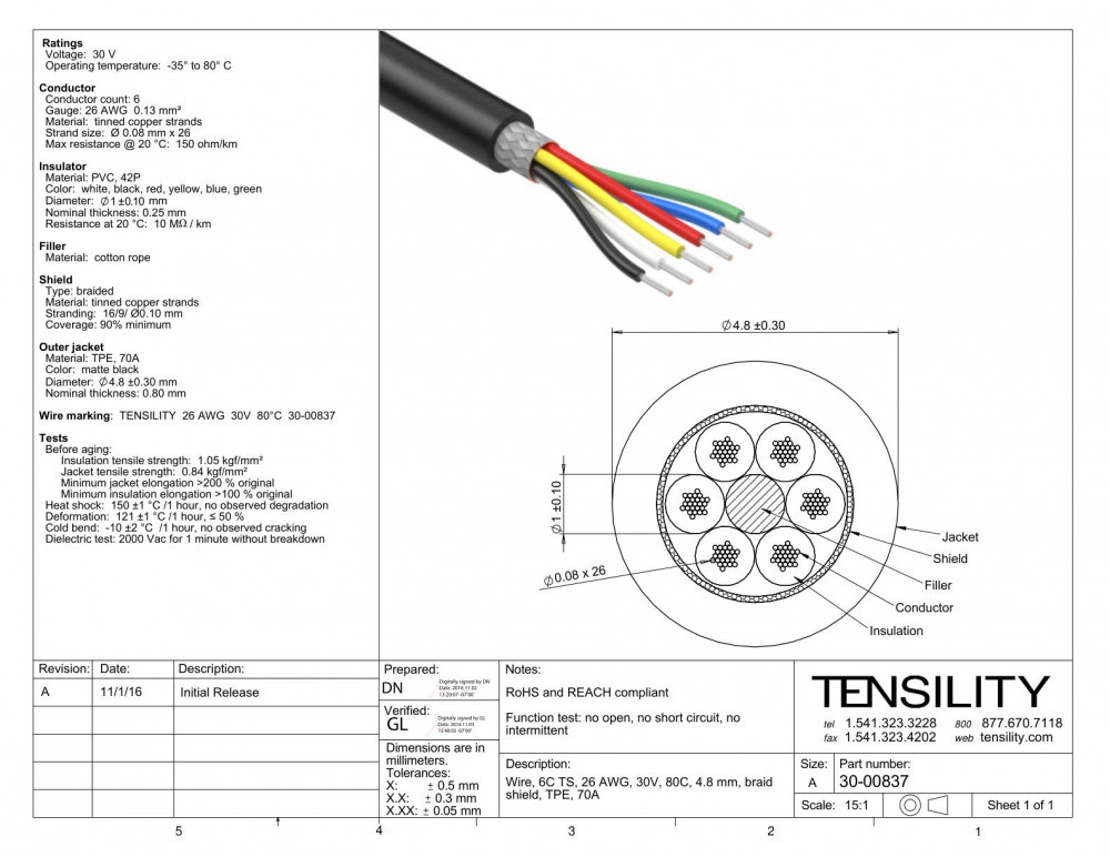 Tensility International 30-00837 cable specification drawing