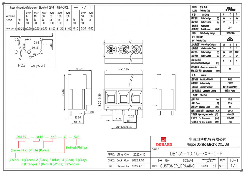 DORABO DB135-10.16-2P-GN-P technical drawing