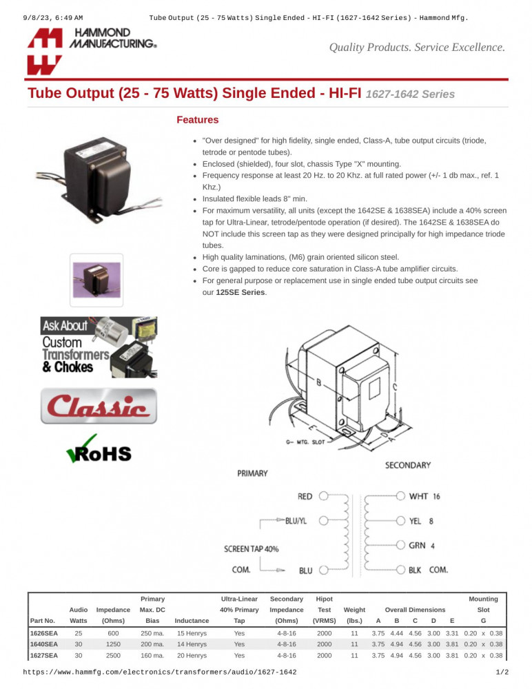 Hammond 1627SEA technical document page 1