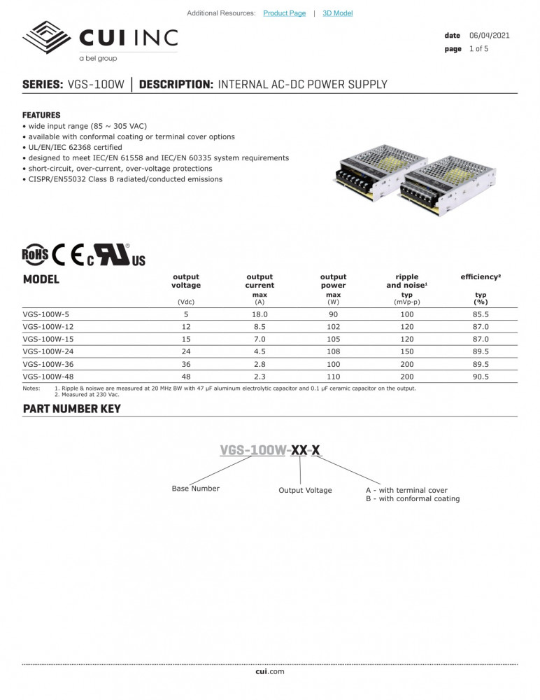 VGS-100W series datasheet page 1