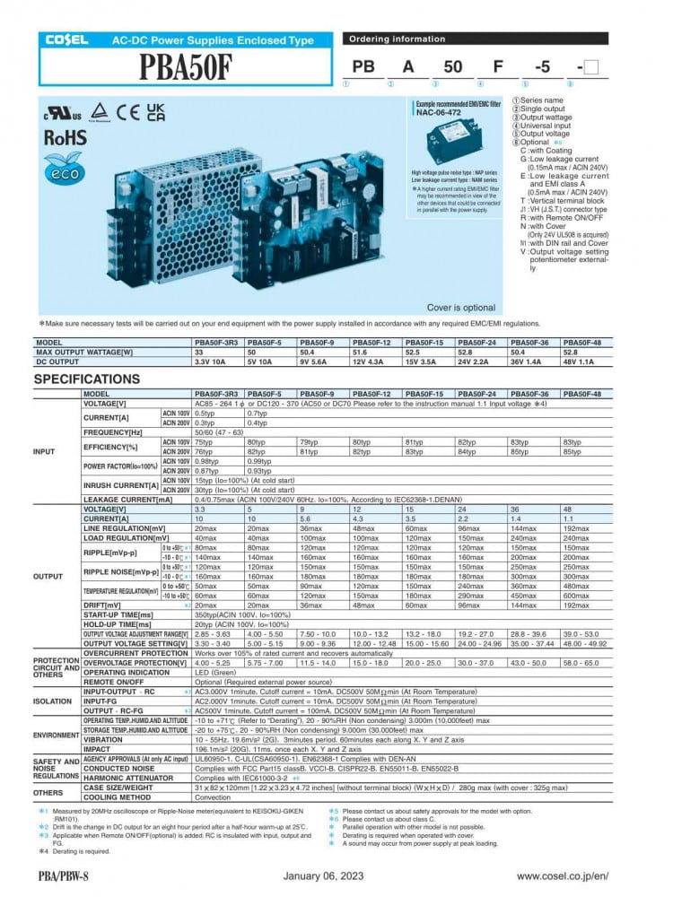 Cosel PBA series datasheet page 8