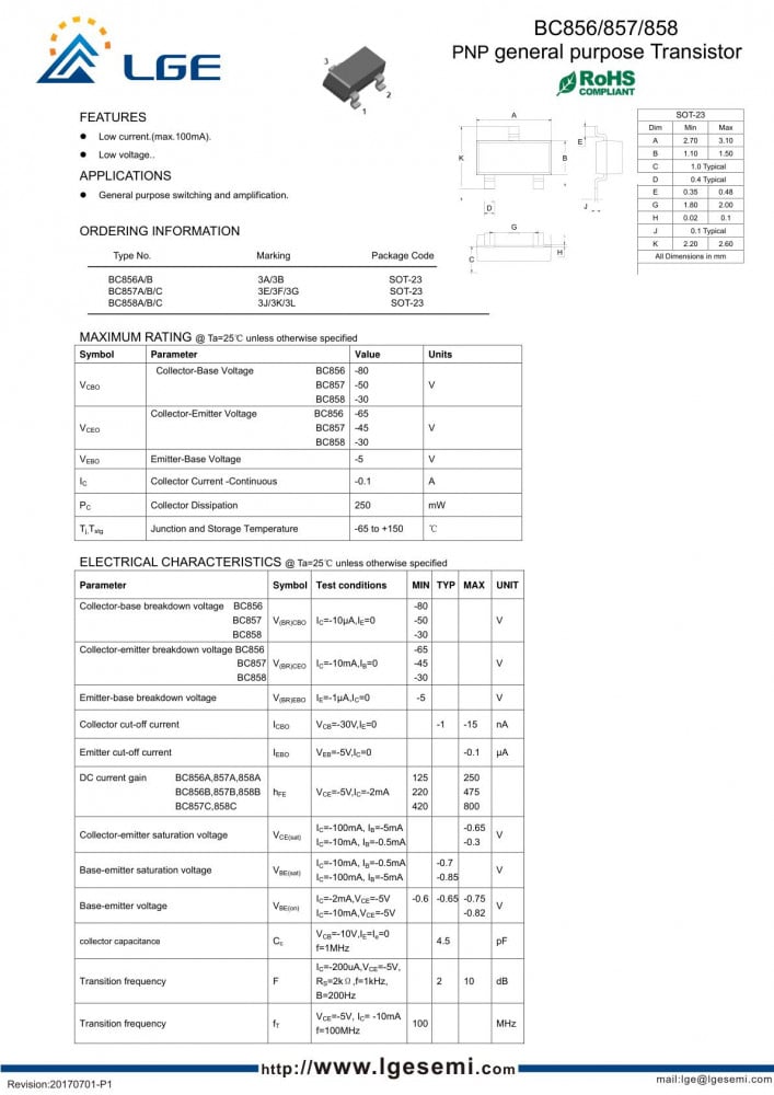 LGE BC856B datasheet page 1