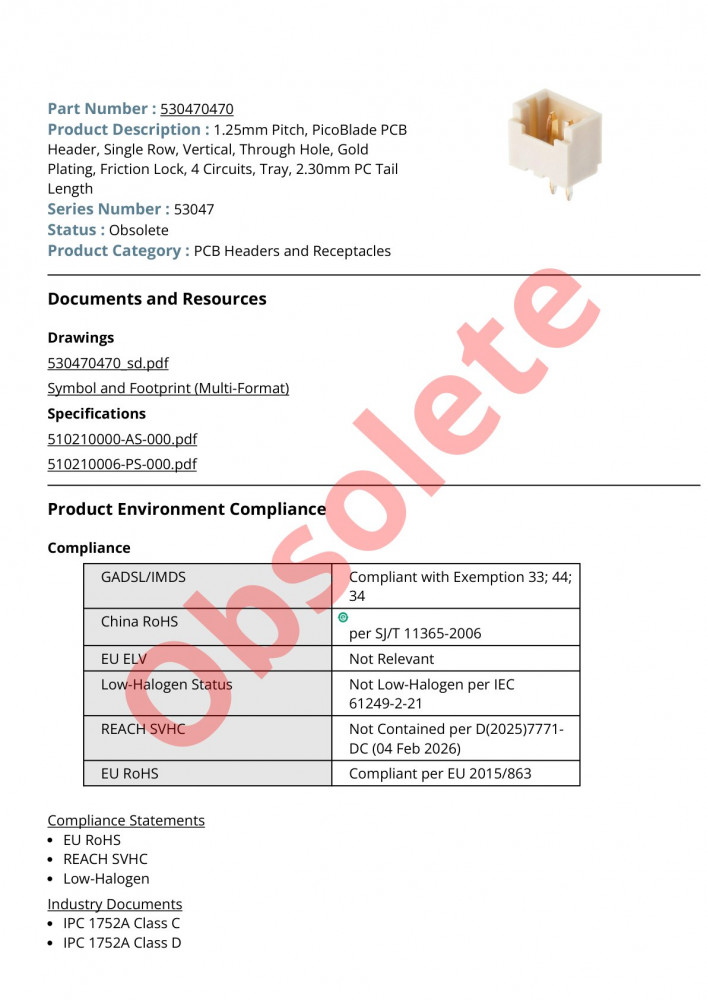 MOLEX 530470470 product document image, page 1