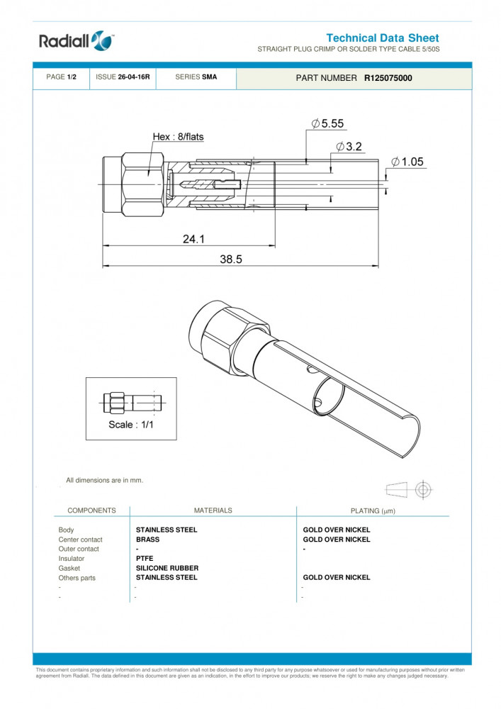 Radiall R125075000 SMA connector technical document, page 1