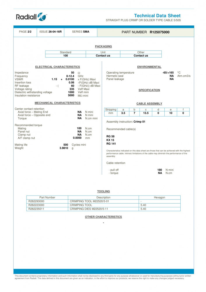 Radiall R125075000 SMA connector technical document, page 2