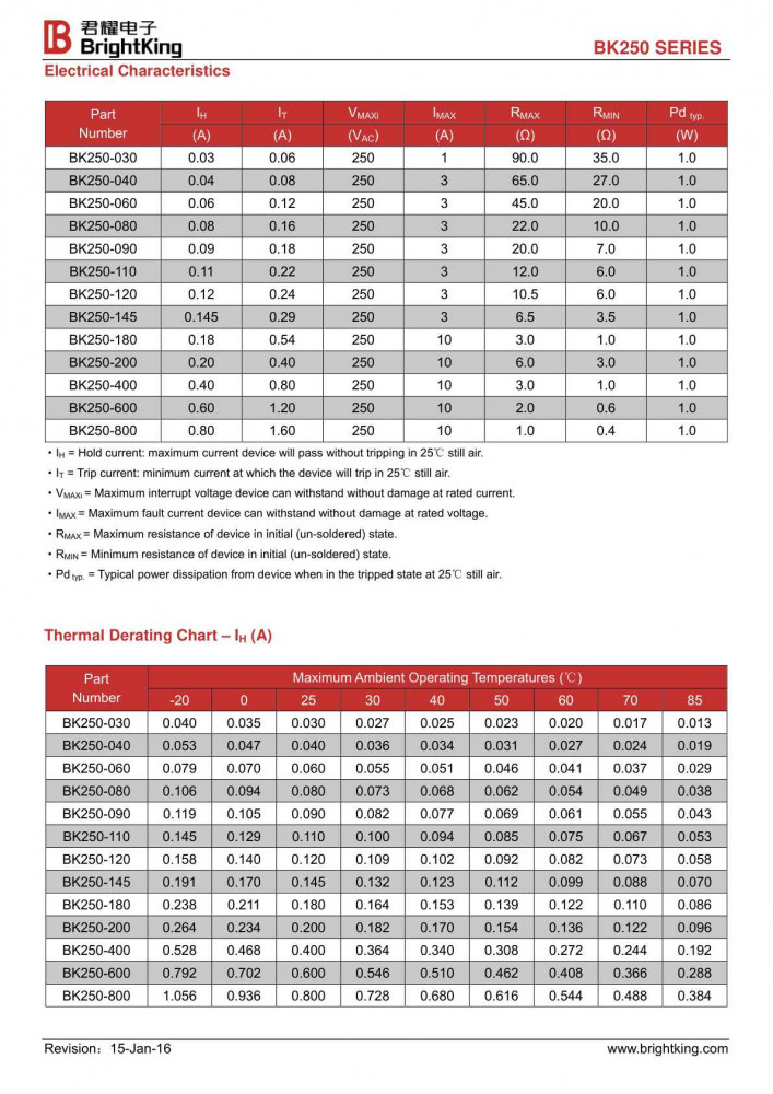 BK250 PTC datasheet page 2