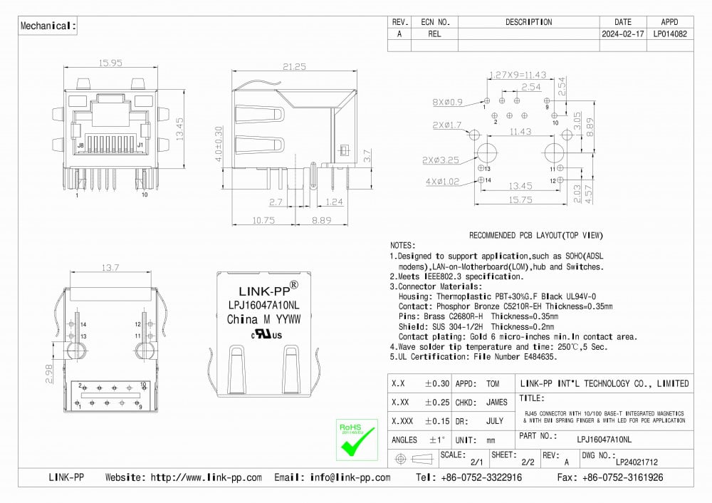 LPJ16047A10NL technical drawing page 1