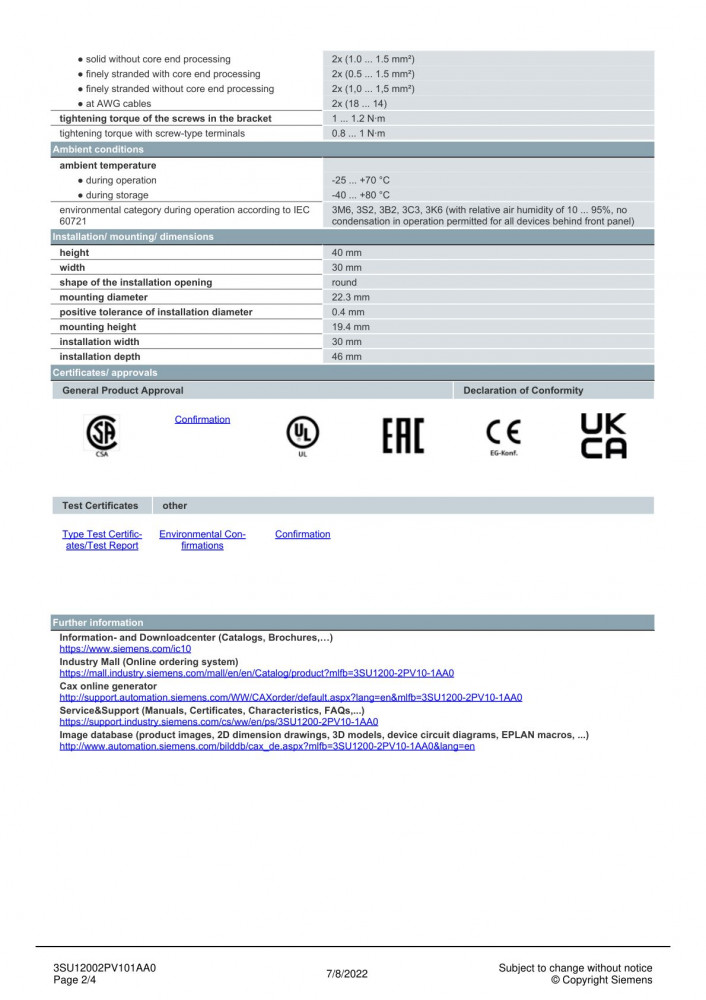 SIEMENS 3SU12002PV101AA0 datasheet page 2