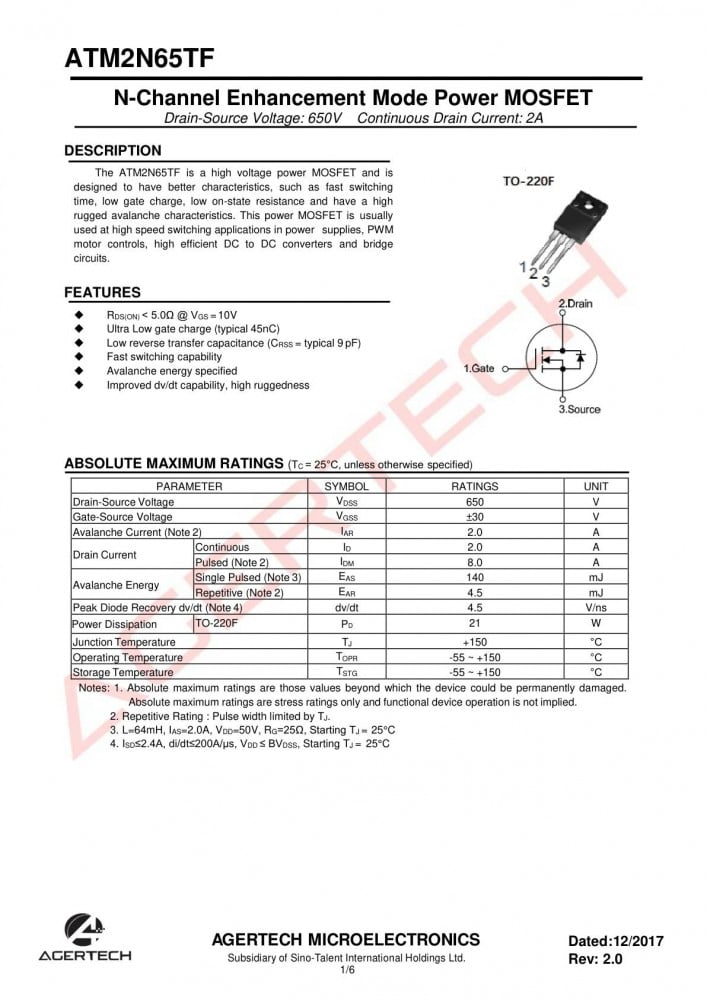 ATM2N65TF datasheet page 1