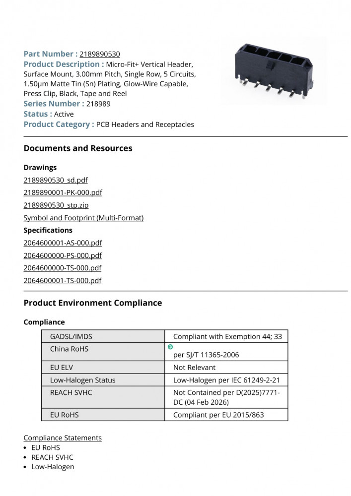 MOLEX 2189890530 technical document preview, page 1