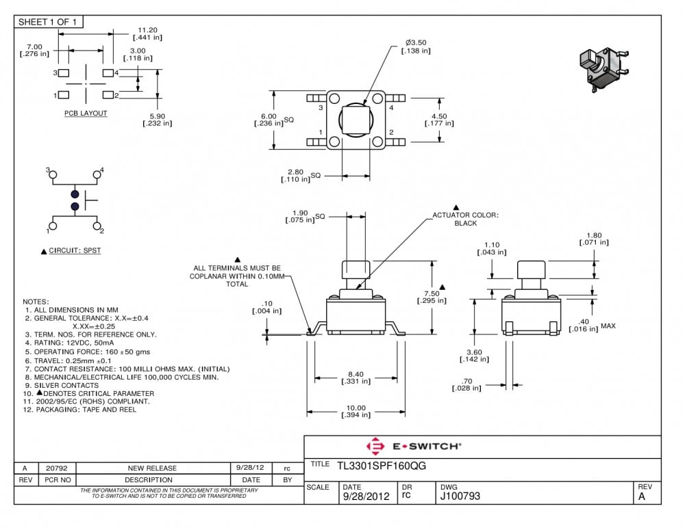 E-Switch TL3301SPF160QG technical drawing