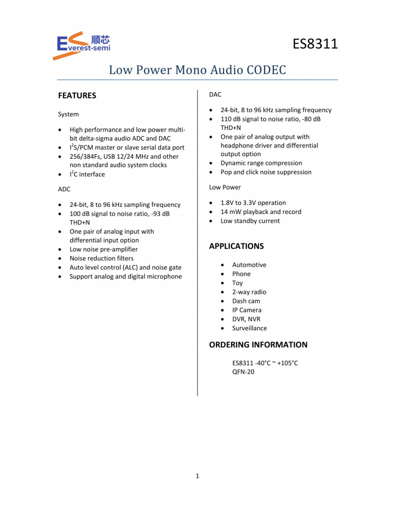 ES8311 datasheet page 1