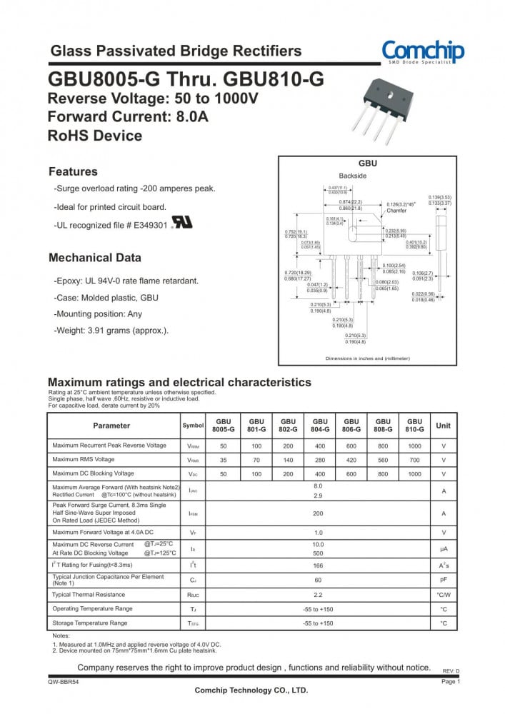 Comchip GBU8005-G datasheet page 1