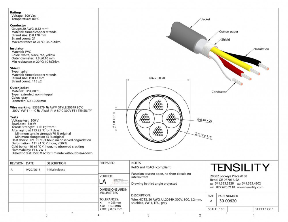 Tensility 30-00620 cable drawing and product specification page