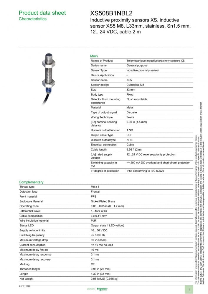 XS508B1NBL2 technical document page 1