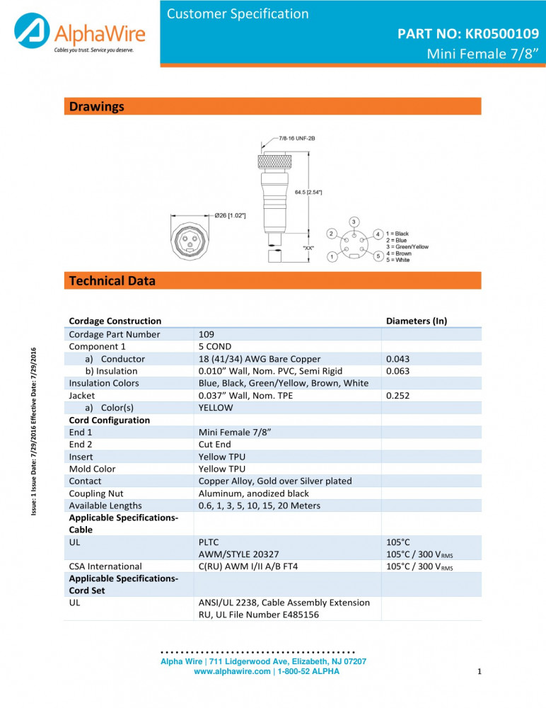 Alpha Wire KR0500109 YL401 technical drawing page 1