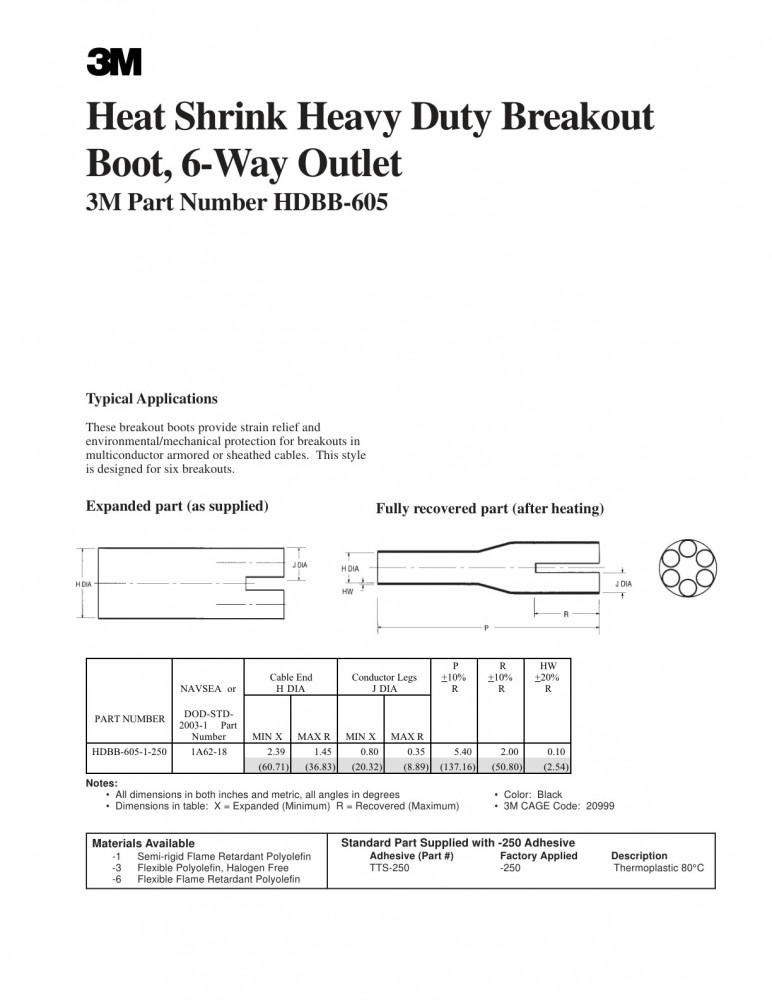 3M HDBB-605-1-250 technical drawing page 1