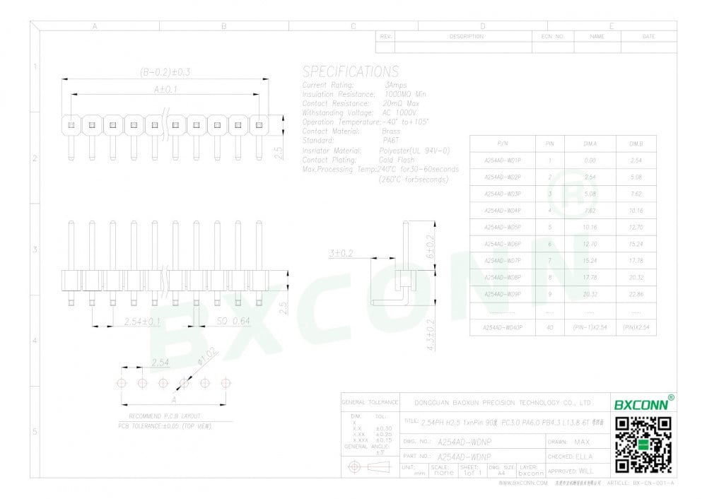 BXCONN A254AD-WD08P technical drawing page 1