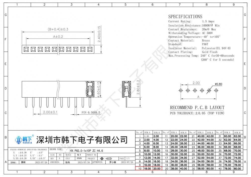 HANXIA HX PM2.0-1x10P ZC H4.6 technical drawing
