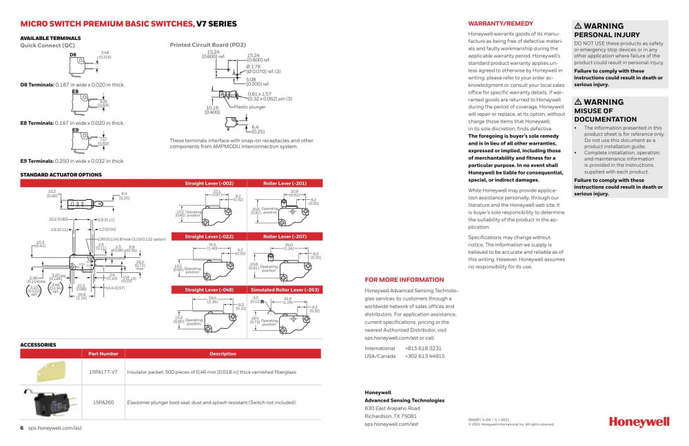 Honeywell V7 series datasheet page 4