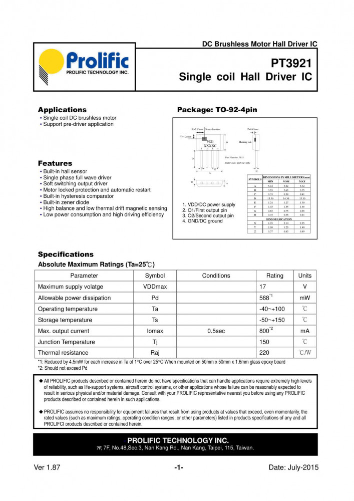 PT3921E2OBG7P1 technical document page 1