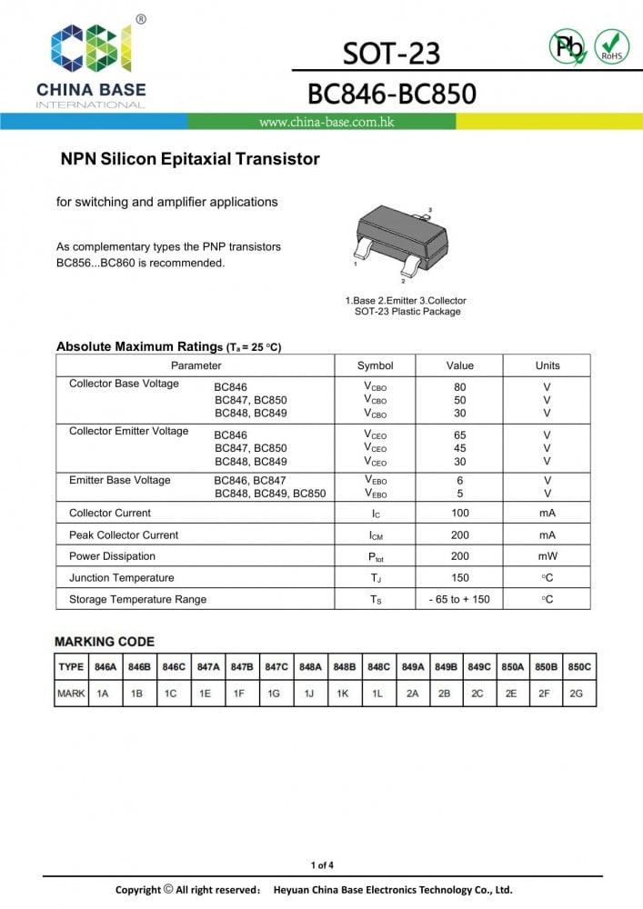 CBI BC846C datasheet page 1