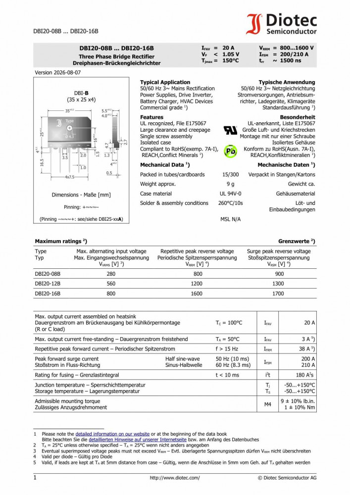DIOTEC DBI20 datasheet page 1