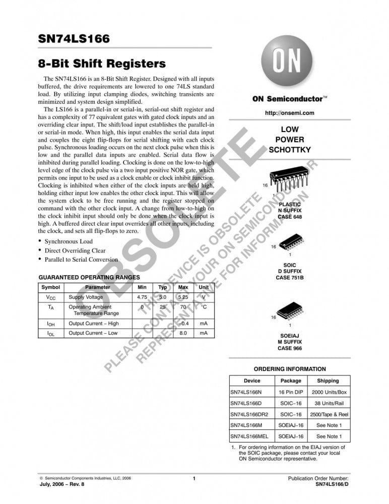 SN74LS166MEL datasheet page 1