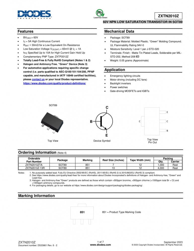 ZXTN2010ZTA datasheet page 1