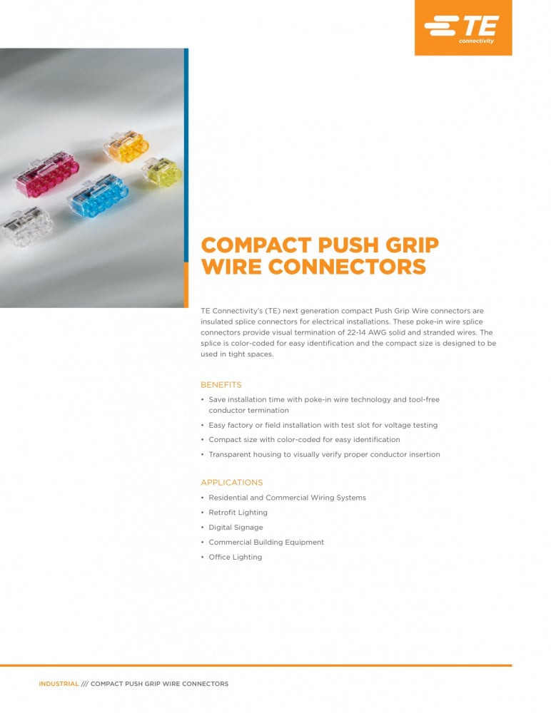 TE Connectivity Push Grip Wire Connector document page 1