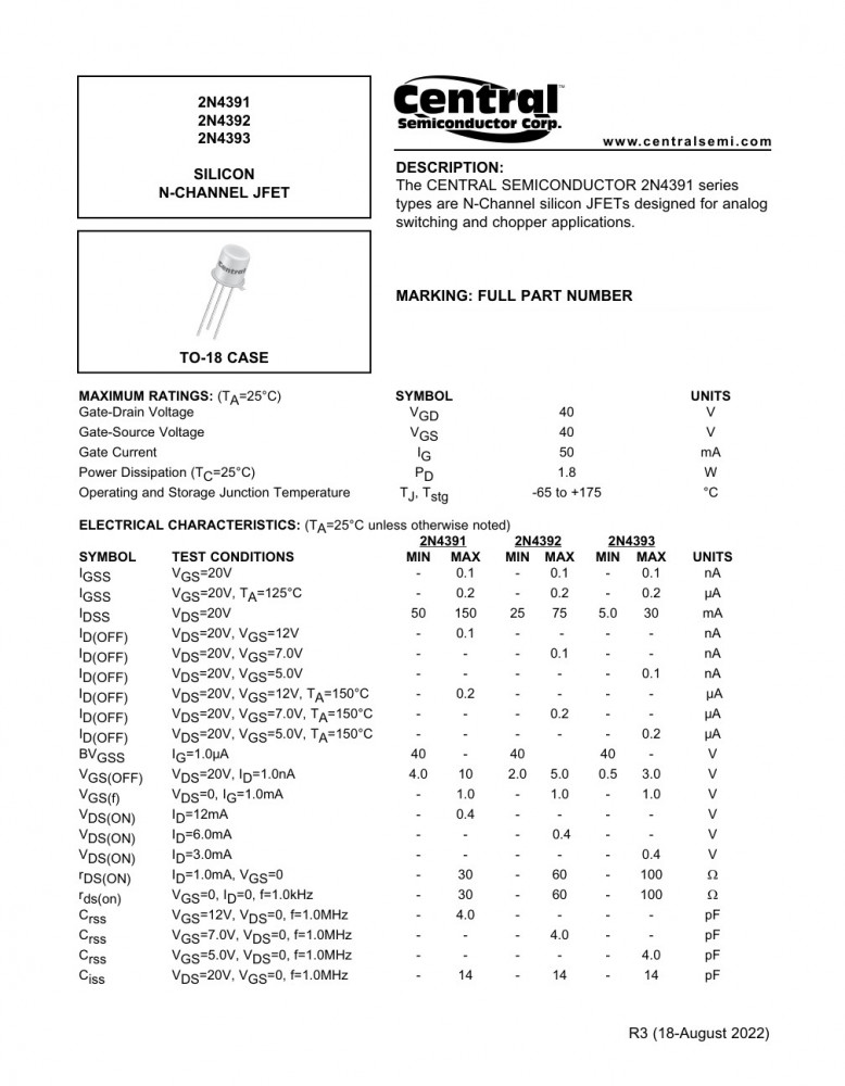Central 2N4392 datasheet page 1