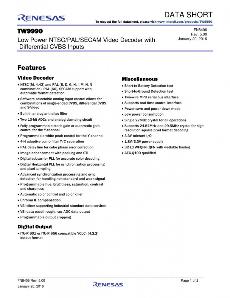 TW9990 datasheet page 1