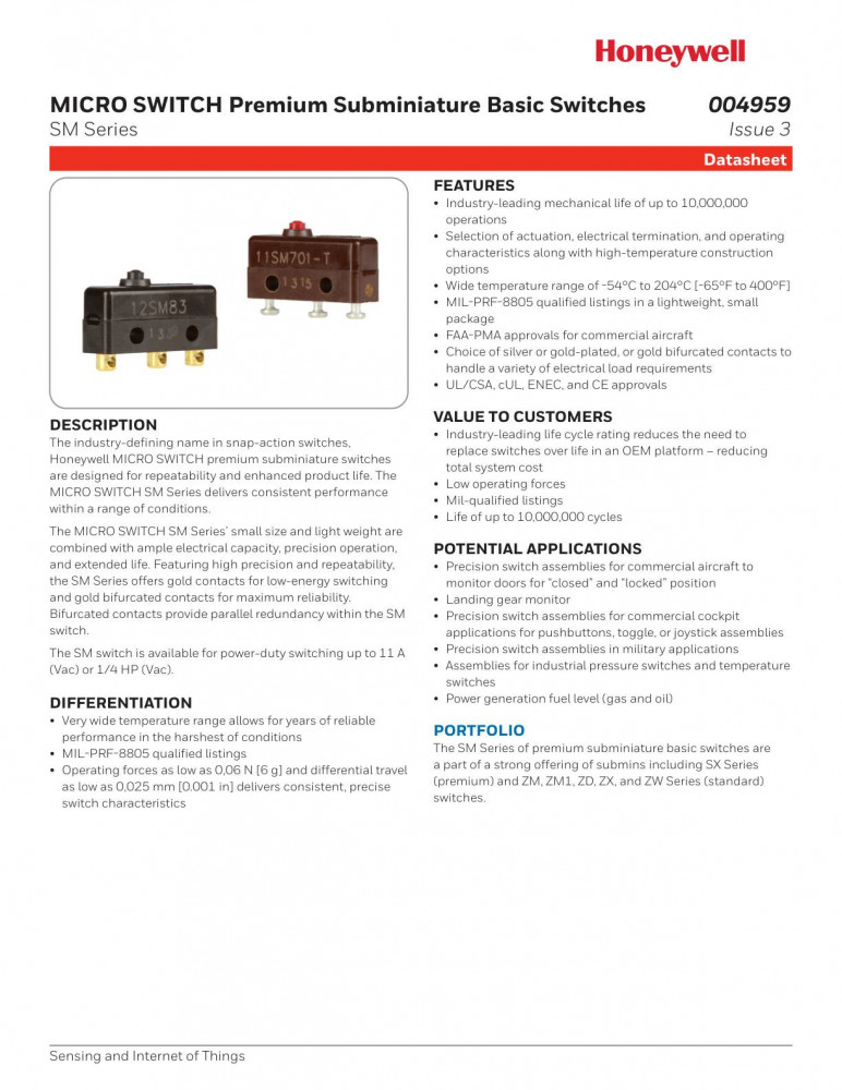 Honeywell SM Series datasheet page 1