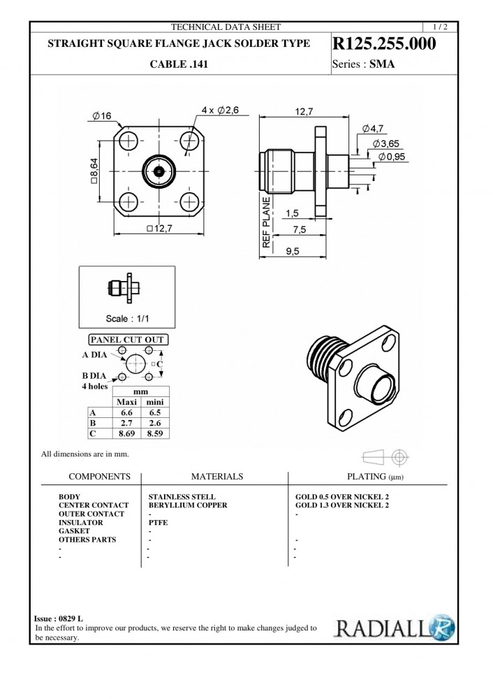Radiall R125255000 technical drawing page 1