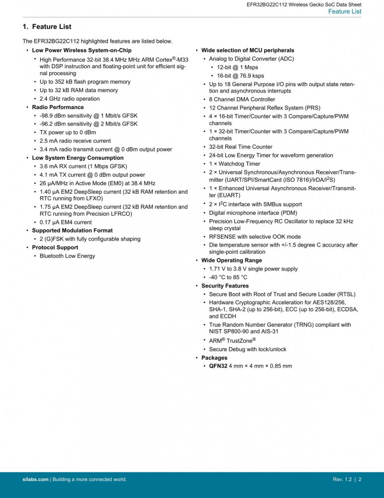 EFR32BG22C112 data sheet preview, page 2