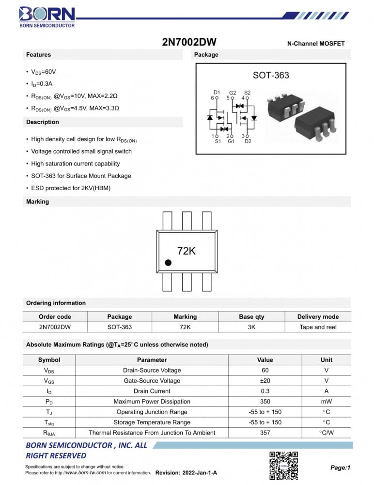 2N7002DW datasheet page 1