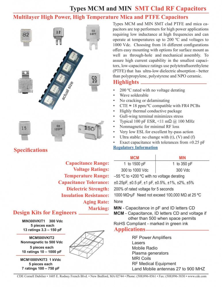 CDE MIN02 and MCM RF capacitor datasheet page 1