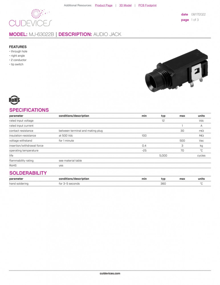 CUI MJ-63022B datasheet page 1