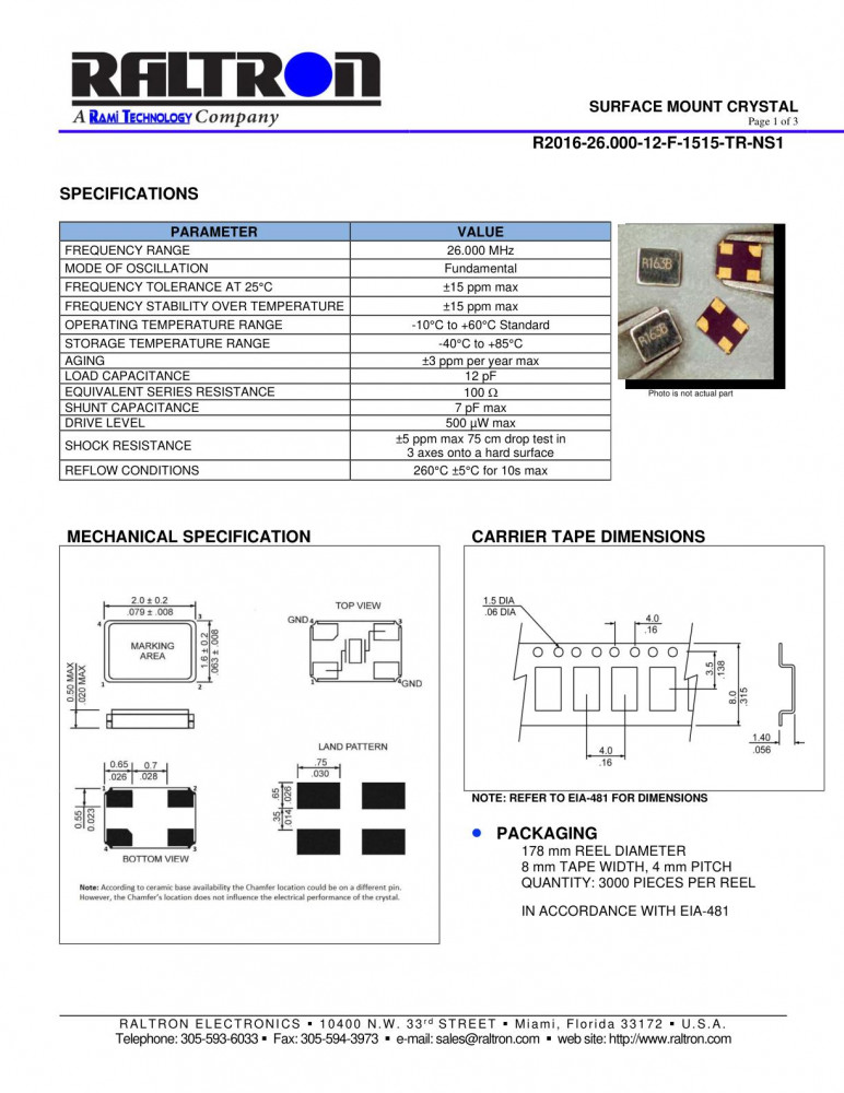 Raltron R2016 crystal datasheet page 1