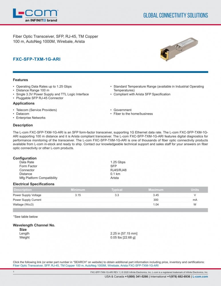FXC-SFP-TXM-1G-ARI technical document page 1
