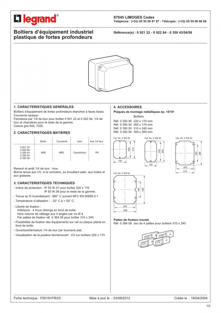 Legrand industrial enclosure technical document, page 1