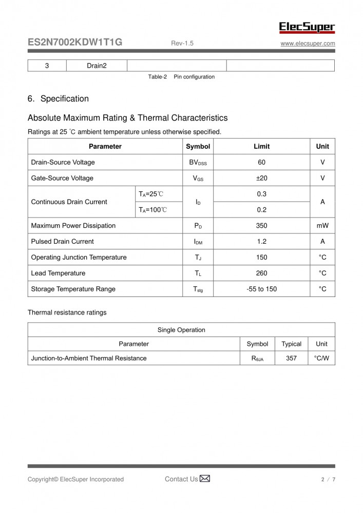 ES2N7002KDW1T1G datasheet page 2