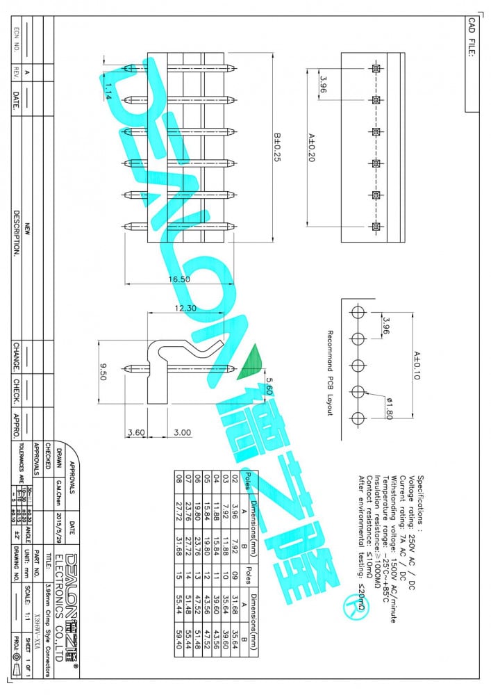 DEALON X396WV-6A 3.96 mm crimp style connector drawing