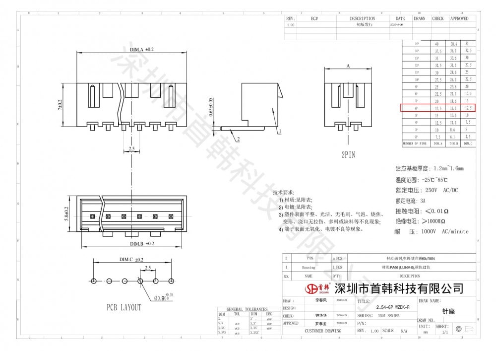 SHOU HAN 2.54-6P WZDK-R specification page 1