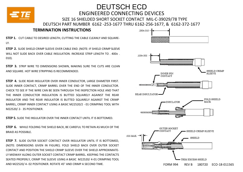 DEUTSCH ECD size 16 shielded short socket contact assembly instruction