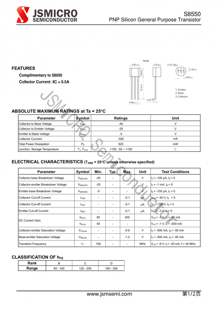 JSMSEMI S8550 datasheet page 1
