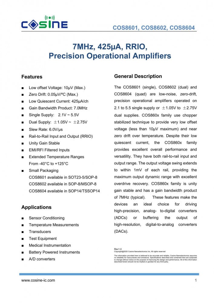 COS8602SR datasheet page 1