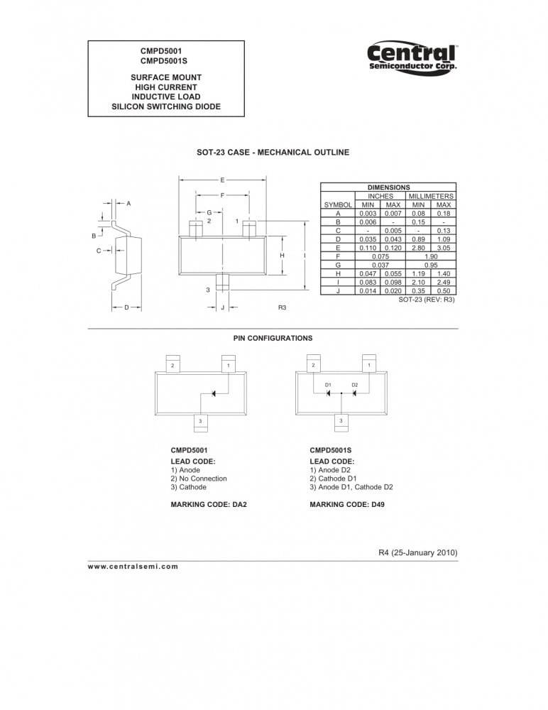 CMPD5001S SOT-23 mechanical outline