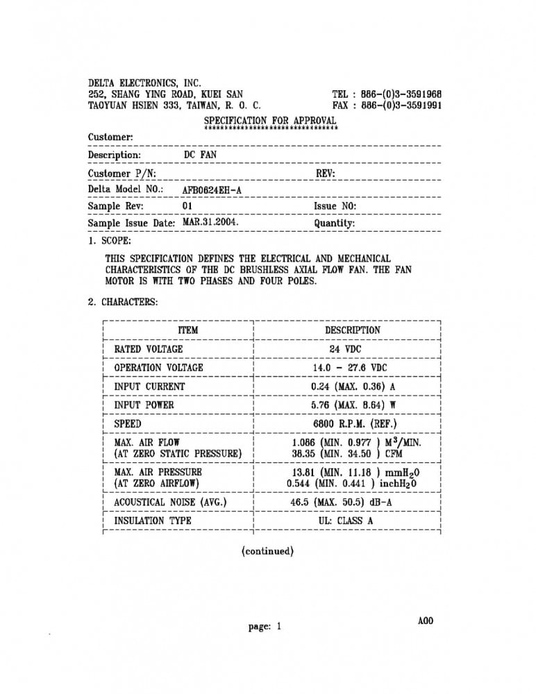 AFB0624EH-A specification page 1